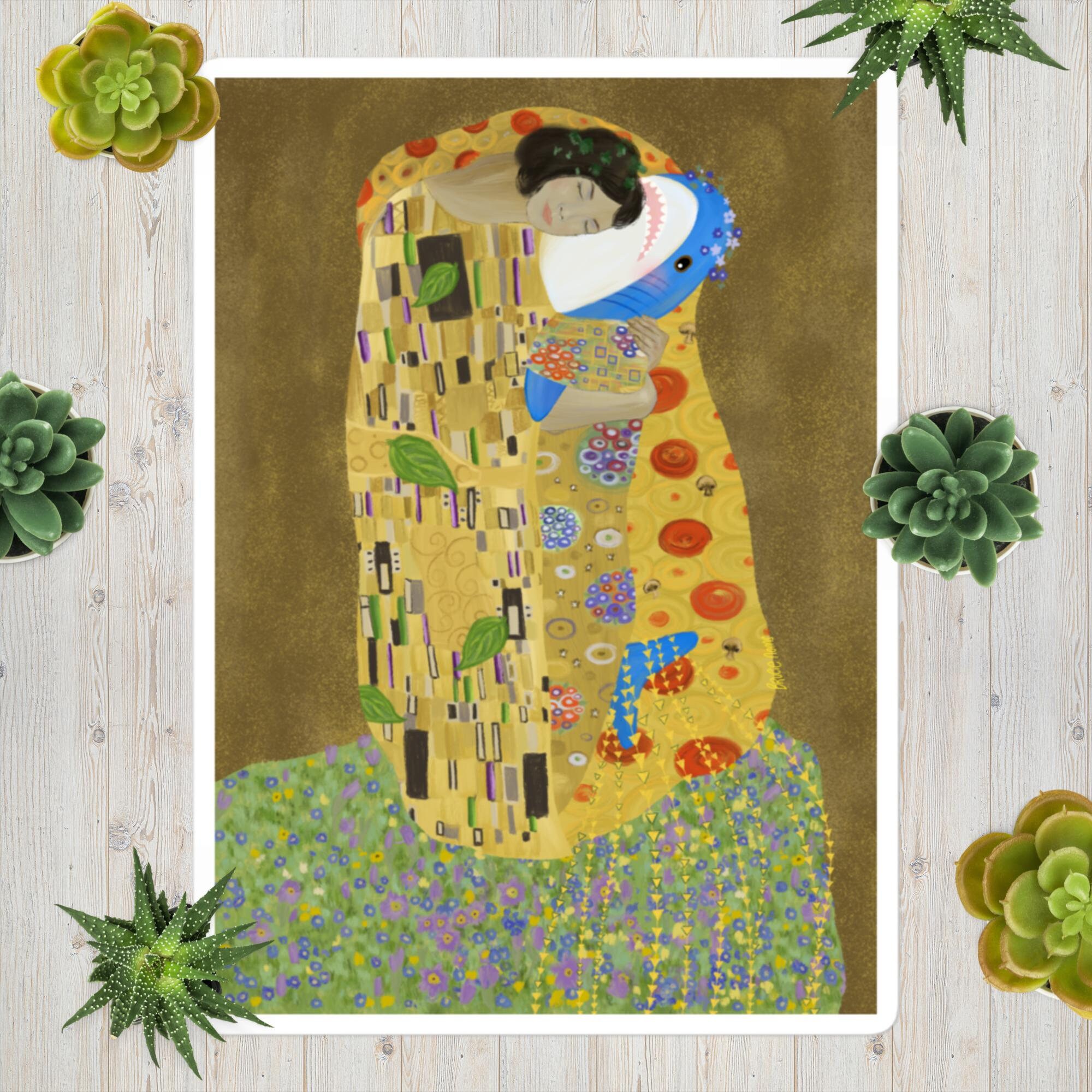 The Blahaj Hug Sticker Gustav Klimt the Kiss Parody Painting - Etsy