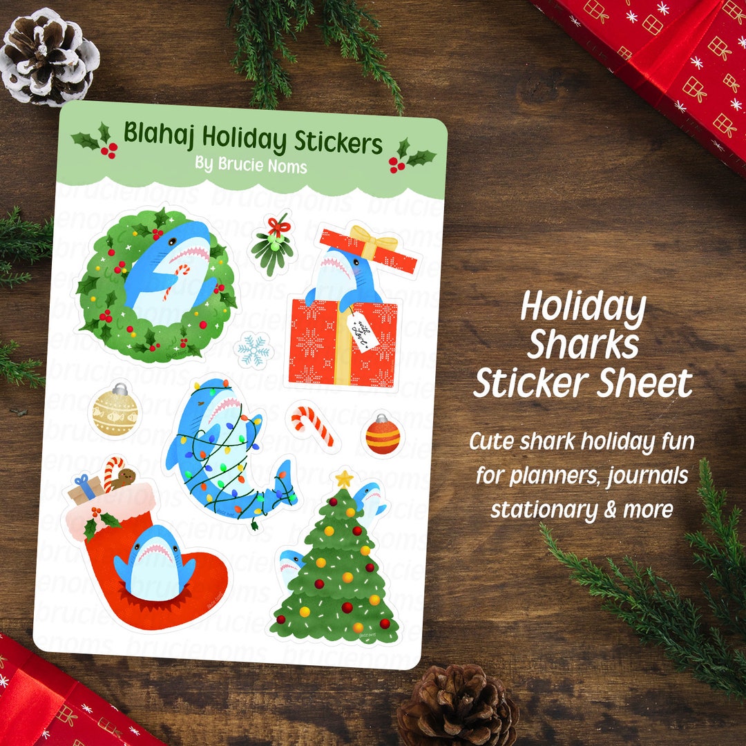 Holiday Blahaj Sharks Sticker Sheet | Vinyl Glossy Christmas Tree ...