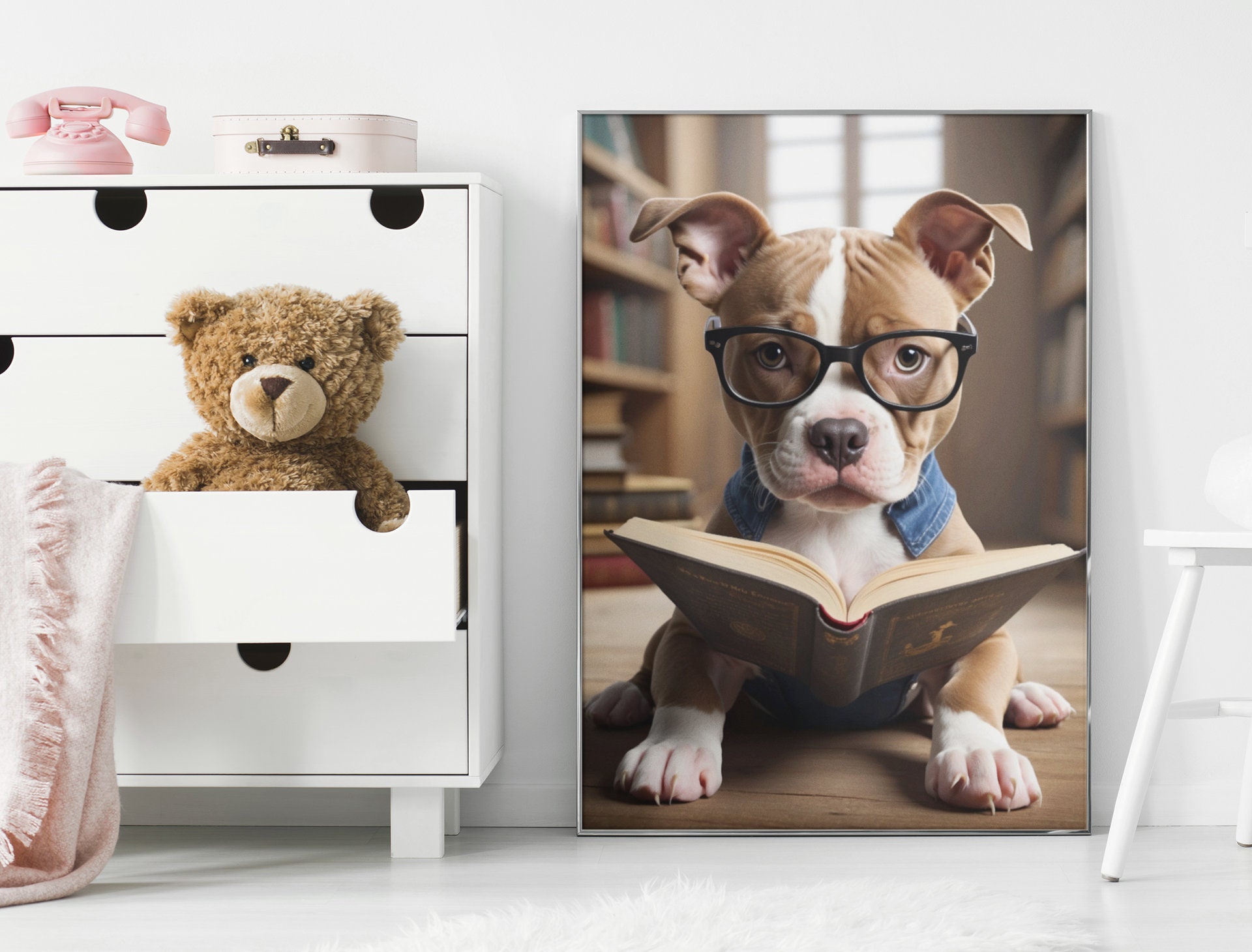Puppy Pitbull Nursery Wall Art, Wearing Glasses, Reading Book, Bathroom ...
