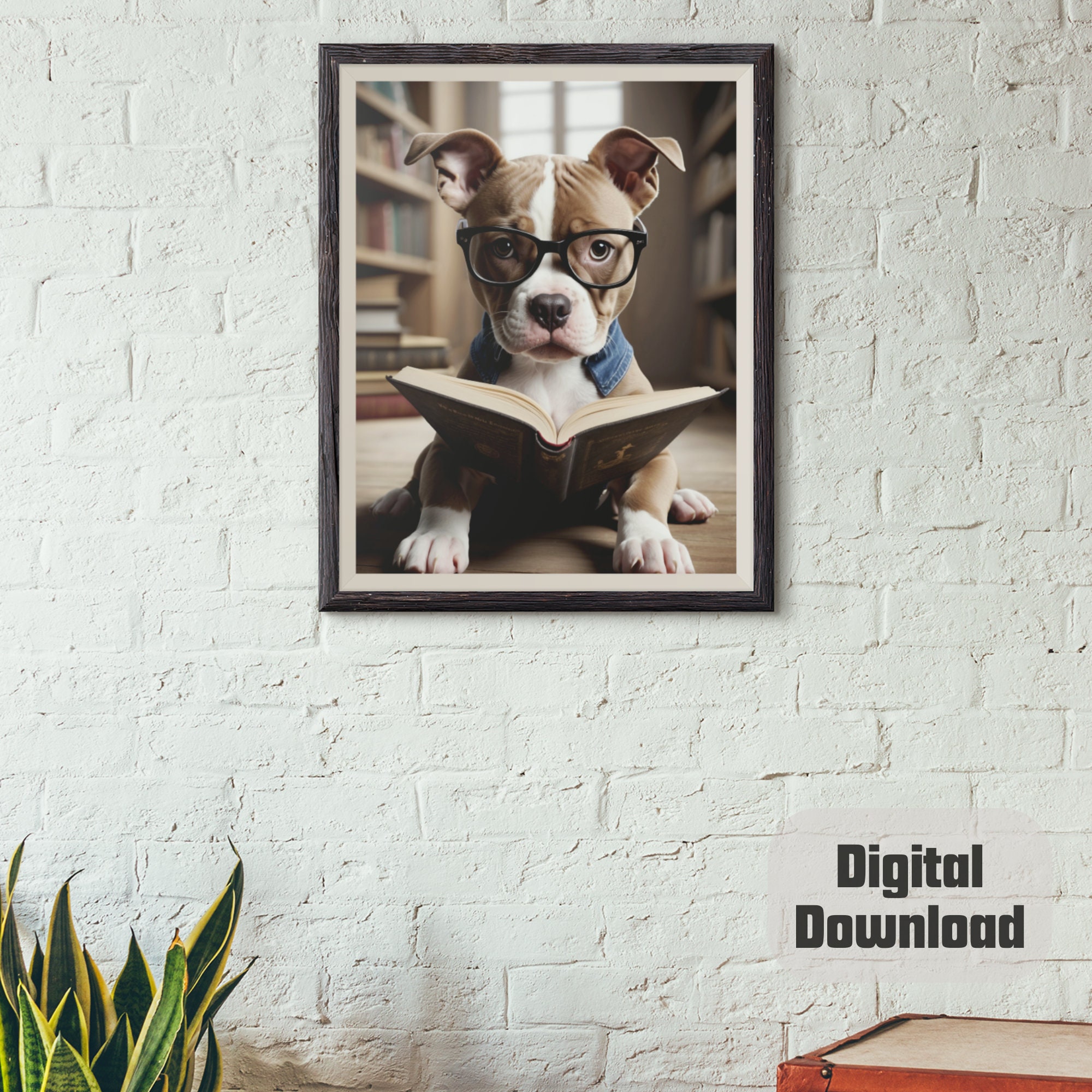 Puppy Pitbull Nursery Wall Art, Wearing Glasses, Reading Book, Bathroom ...
