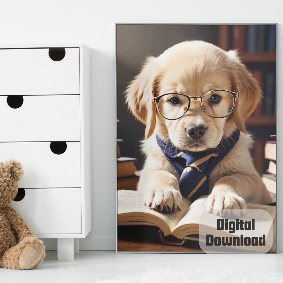 Golden Retriever Puppy Reading Book, Glasses-adorable, Framed Nursery ...