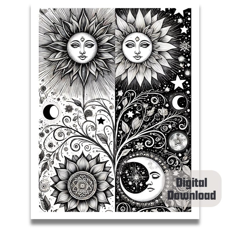 Sun & Moon Mandala Coloring Book | Zentangle Designs (42 Digital ...