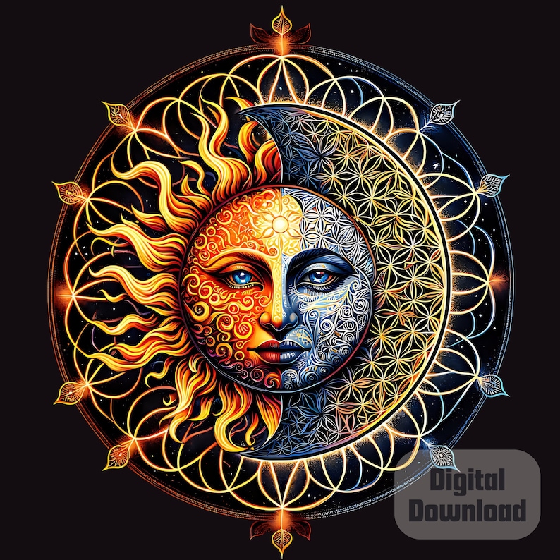 Flower of Life Cosmic Mandala: Intricate Sun and Moon Clipart | Digital ...