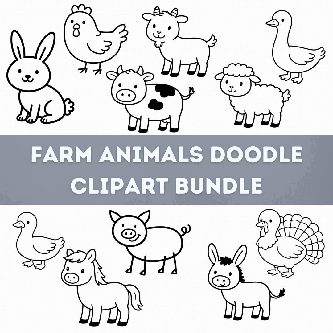 Farm Animals Doodle Clipart Bundle – Cute Black & White Farm Animal PNG ...