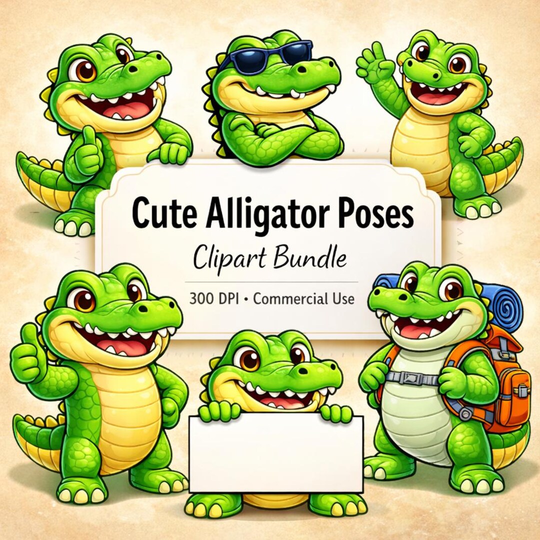 Cute Alligator Clipart, 5 Cartoon Alligator Bundle Set, Reptile, PNG ...