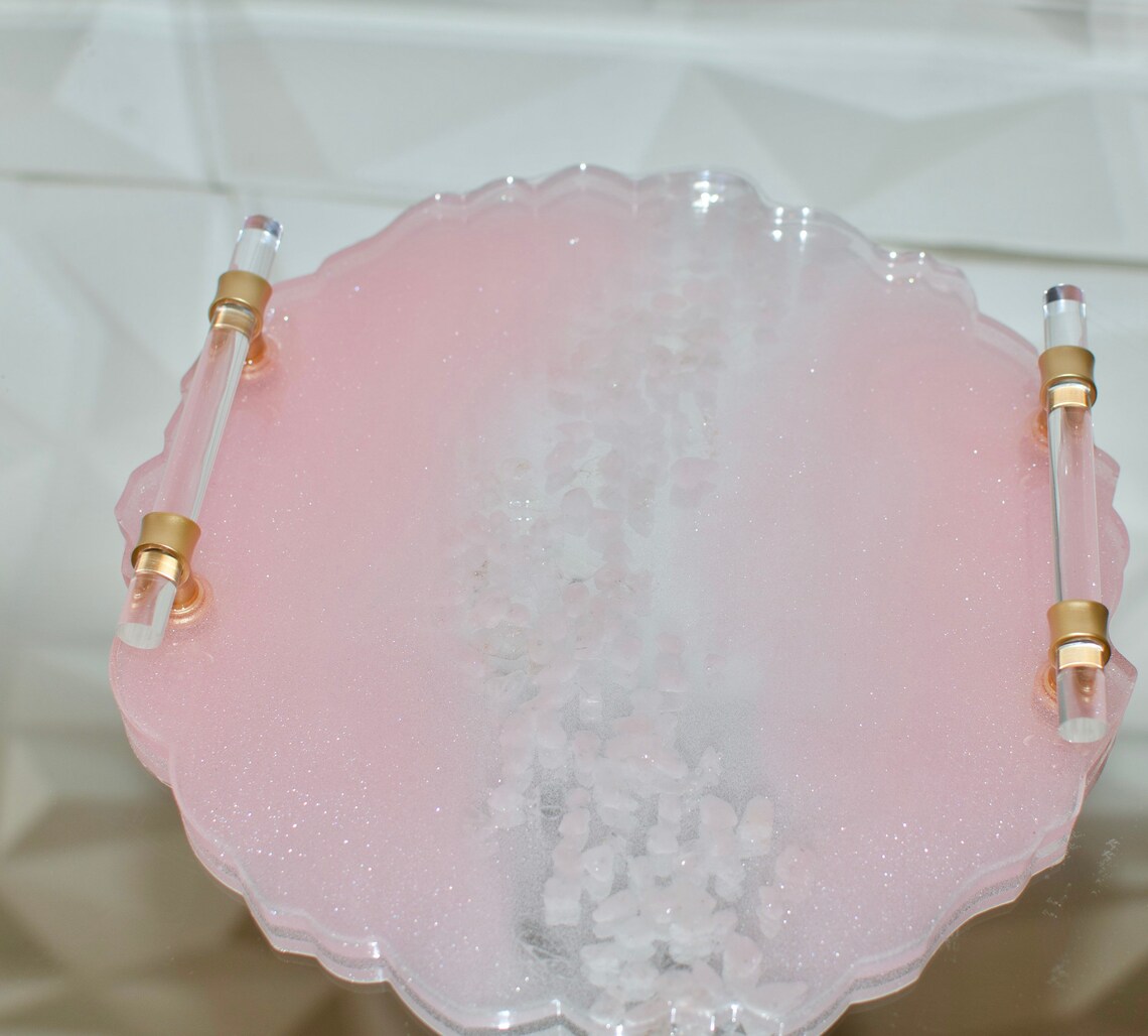 Handmade Round Rose Quartz Decorative Tray. Resin Tray, Geode Tray ...