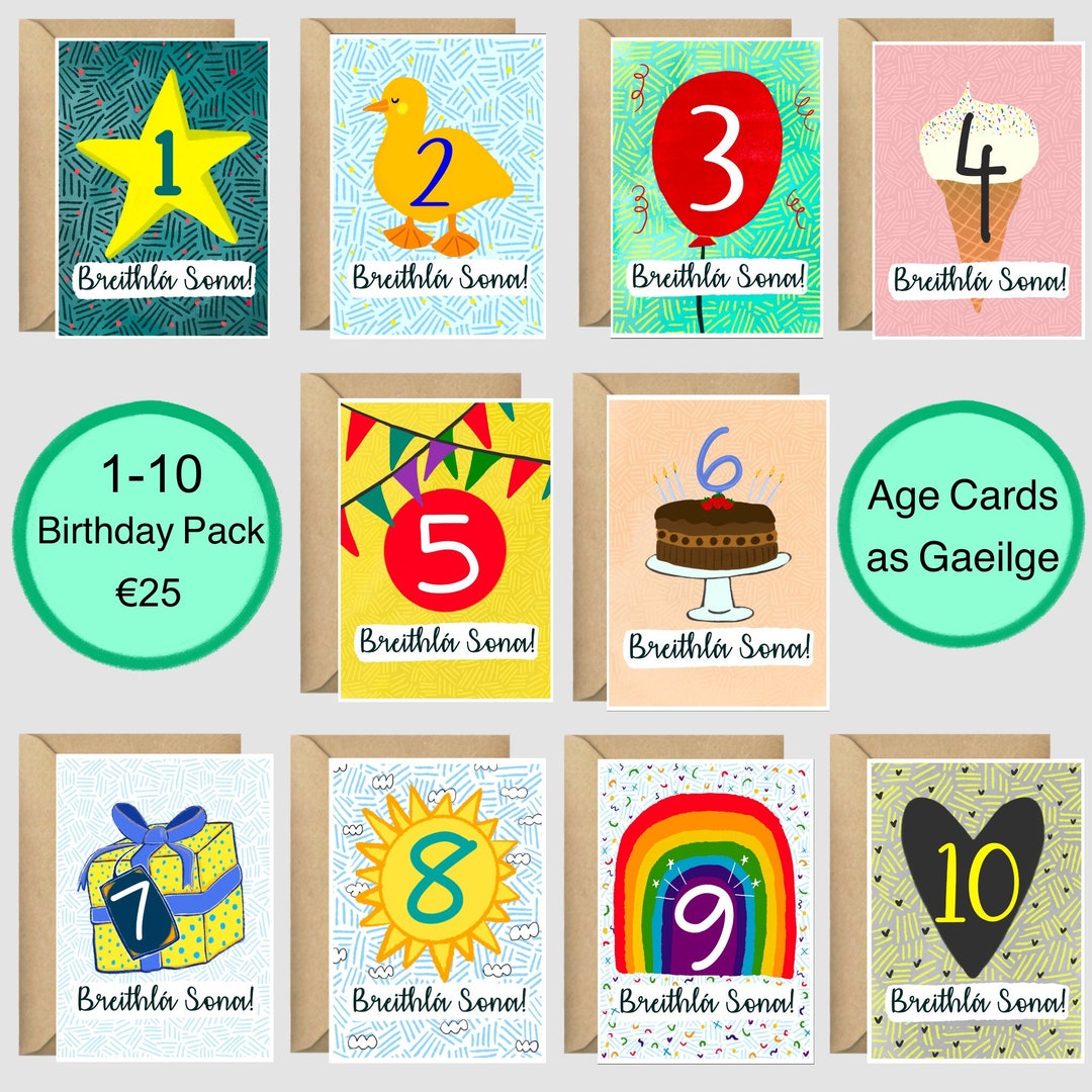 Birthday Card Bundle of Ages 1~10, Irish Language, Gaeilge, Greeting ...