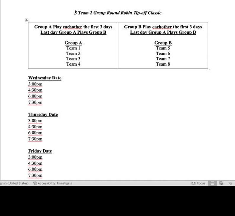 Printable 8 Team 4-day Round Robin Tournament Bracket With Snack Bar ...
