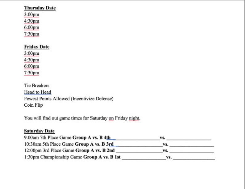 Printable 8 Team 4-day Round Robin Tournament Bracket With Snack Bar ...