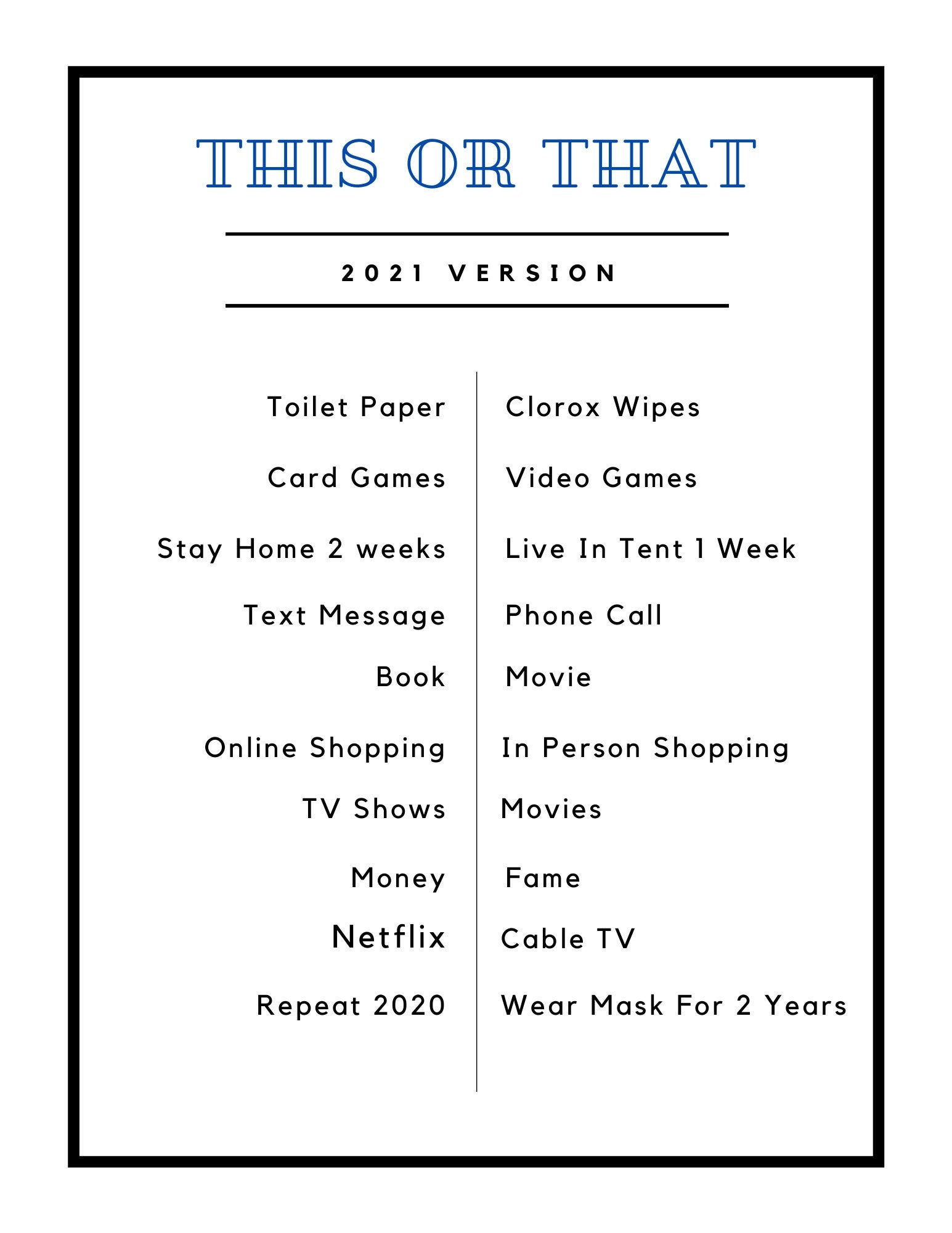 This Or That 2021 Printable Game This or that icebreaker | Etsy