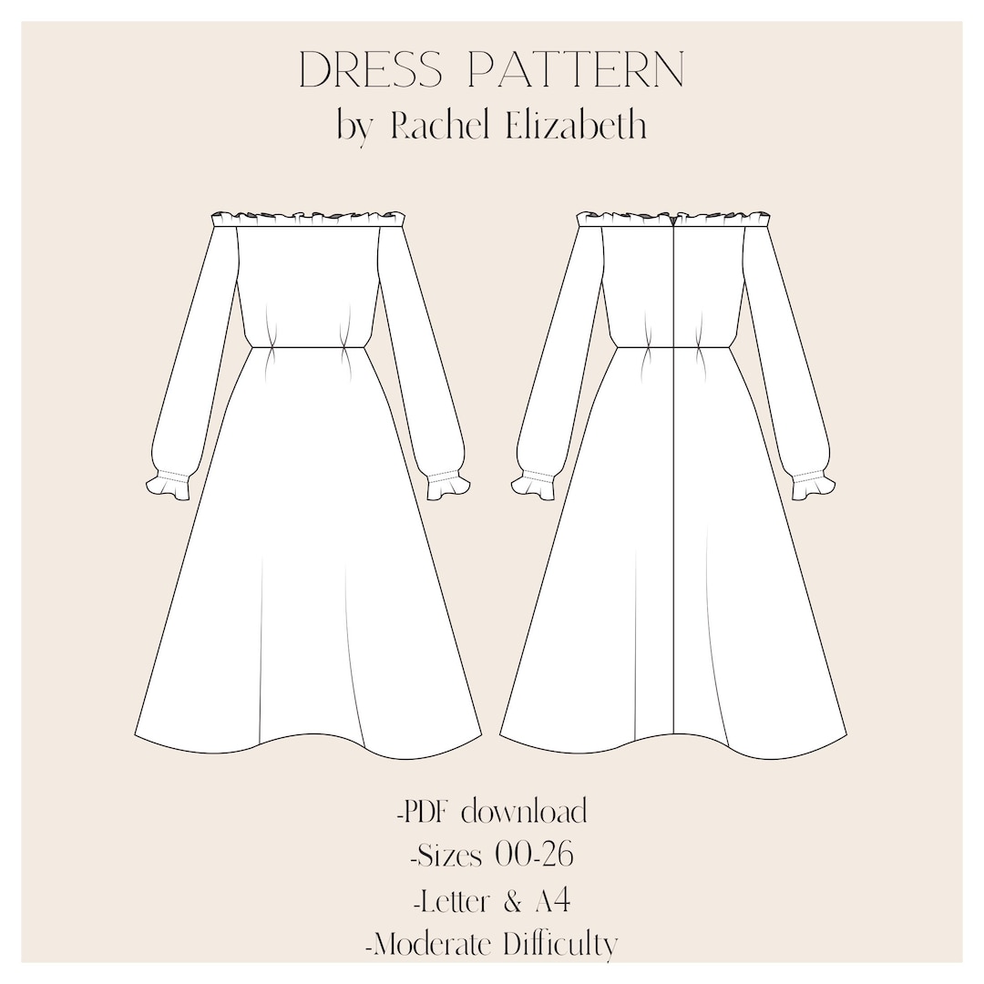 Sewing Pattern, off the Shoulder Ruffle Bishop Sleeve Dress, Instant ...