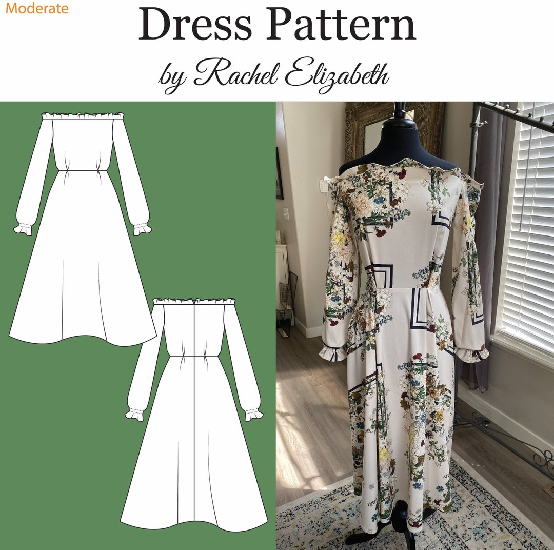 Sewing Pattern, off the Shoulder Ruffle Bishop Sleeve Dress, Instant ...
