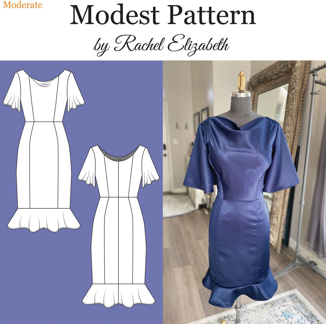 Sewing Pattern Modest Pencil Dress With Ruffles and Flared Sleeves Size ...