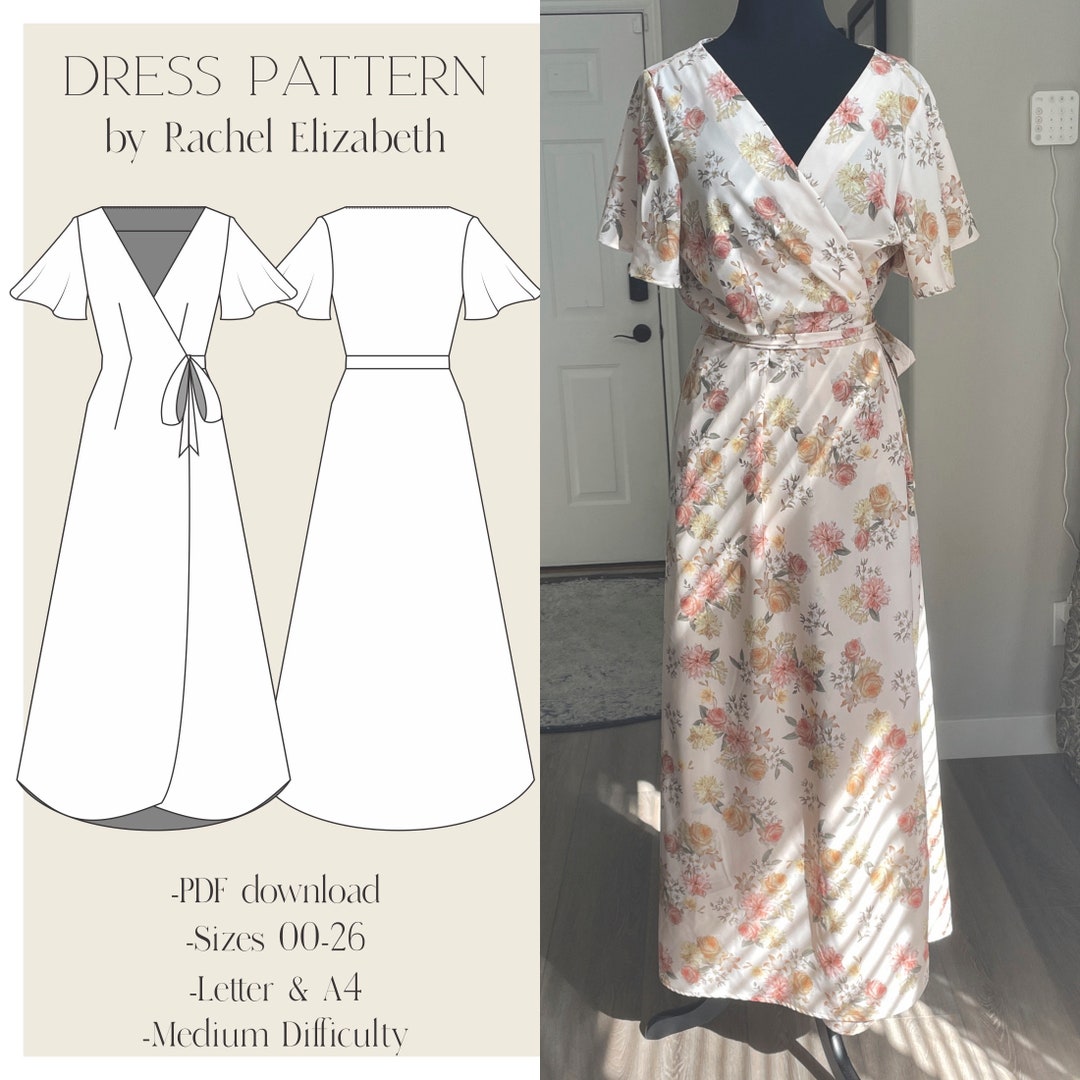 Sewing Pattern Wrap Dress Flutter Sleeves, Downloadable Instant Print ...