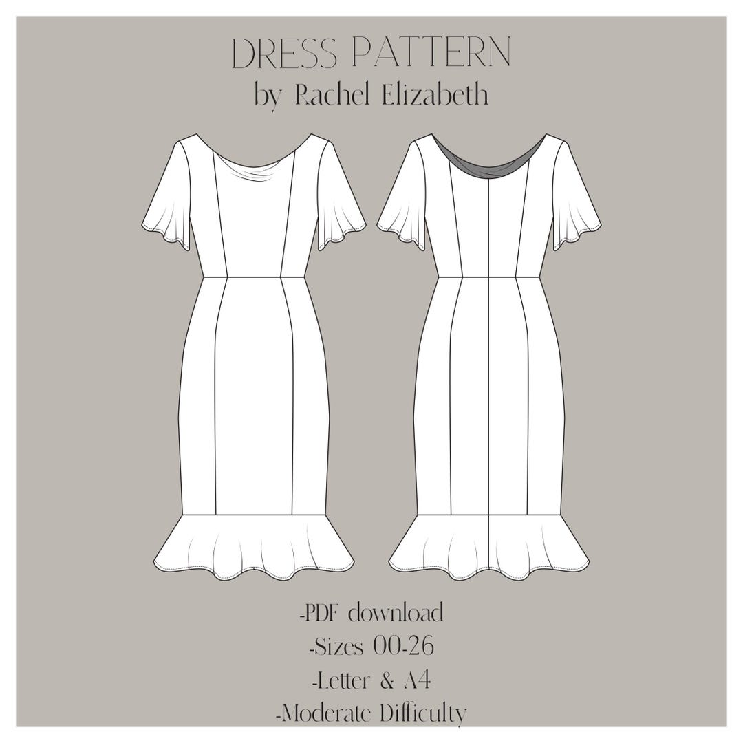 Sewing Pattern, Modest Pencil Dress With Ruffles and Flared Sleeves ...