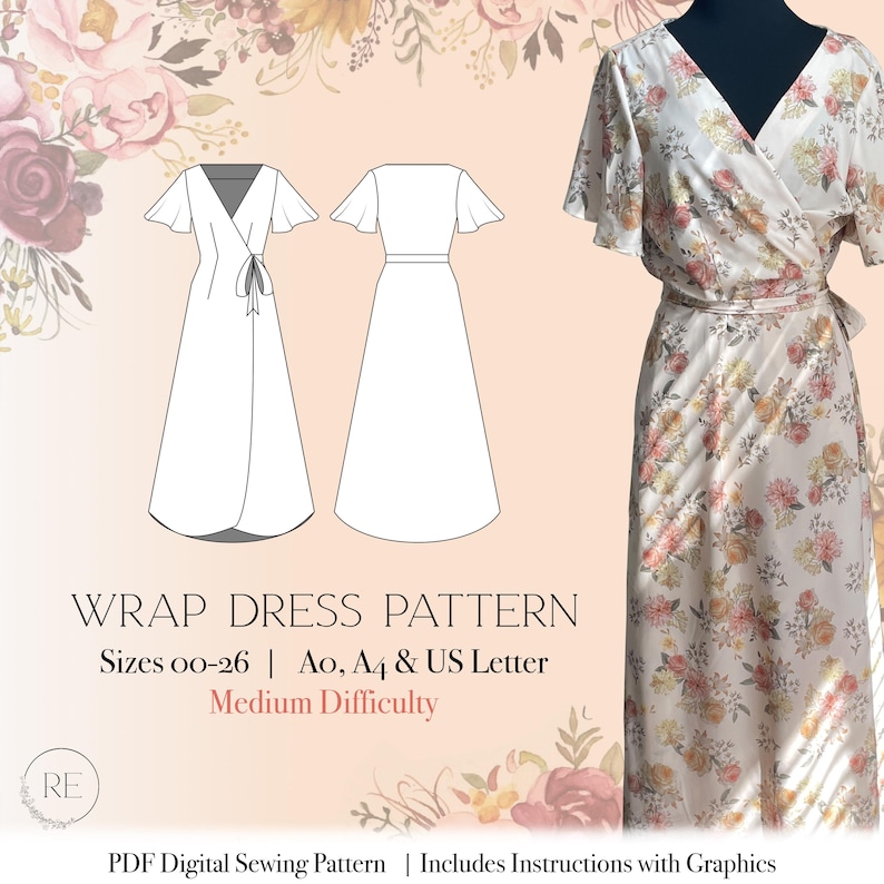 Sewing Pattern Wrap Dress Flutter Sleeves Downloadable Instant Print at ...