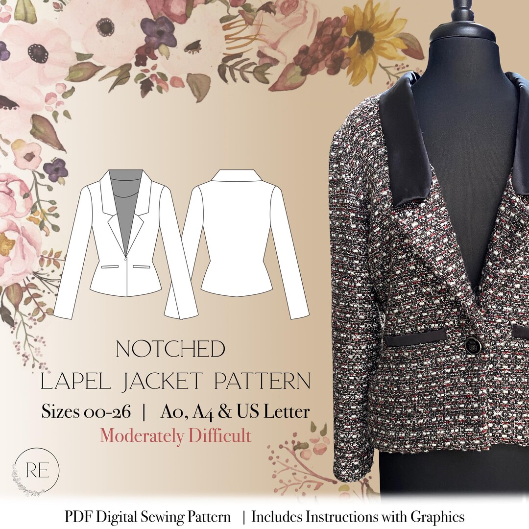 Downloadable Sewing Pattern Classic Blazer Suit Jacket Notched Lapel ...