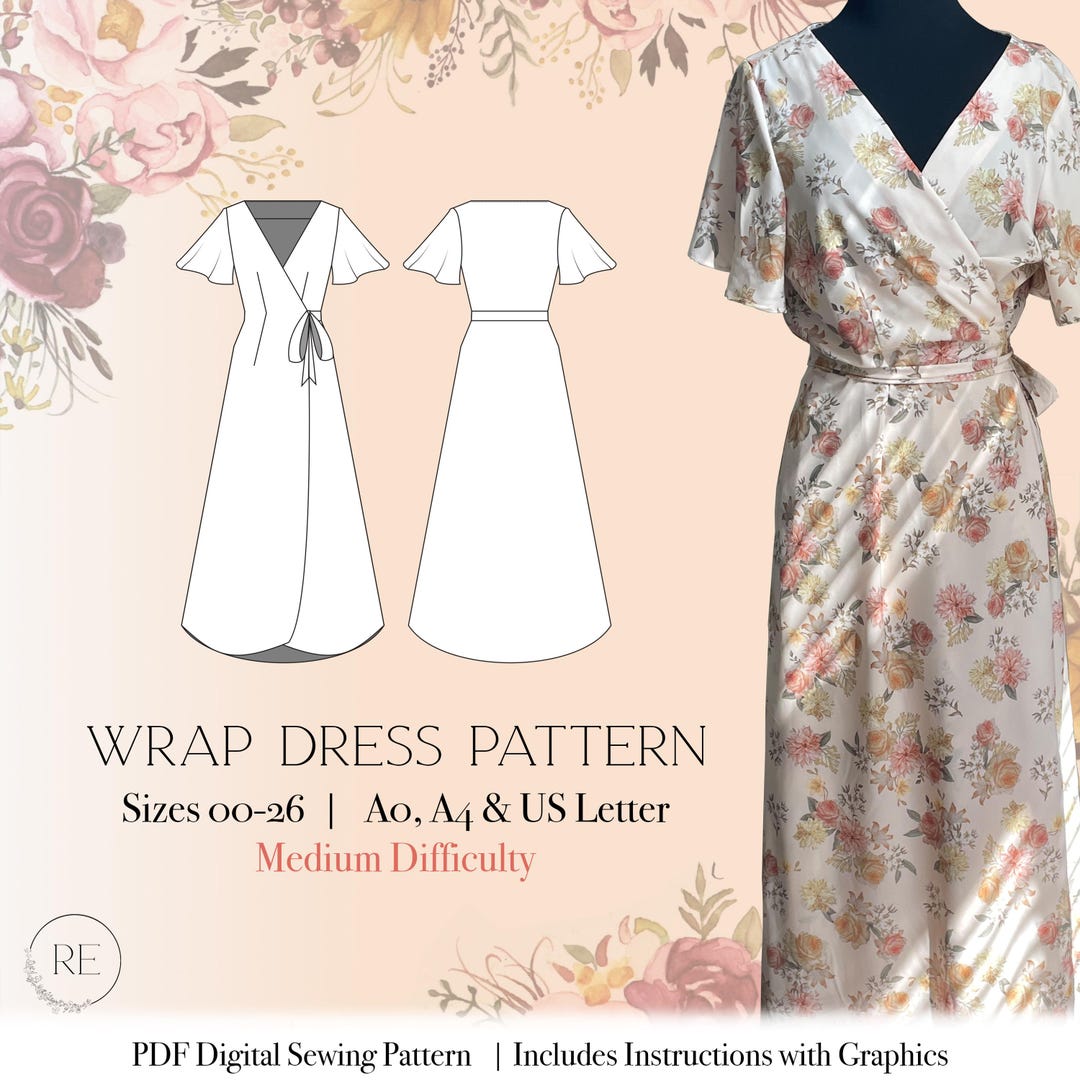 Sewing Pattern Wrap Dress Flutter Sleeves, Downloadable Instant Print ...