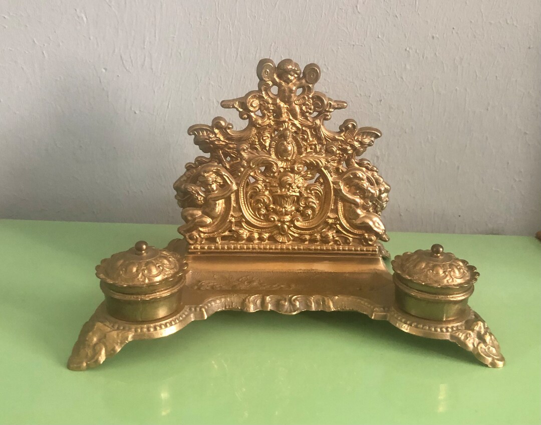 Antique / Rococo Style / Angels / Double Inkwell/ With Letter Holder in ...