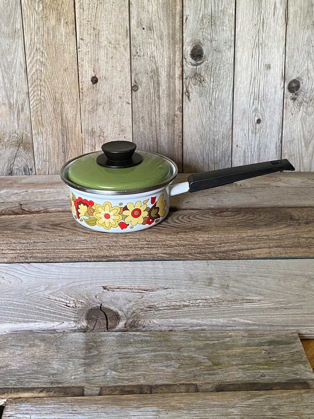 Vintage Saucepan / Retro Floral Pot / Enamelware Pan / 1970’s Yellow ...