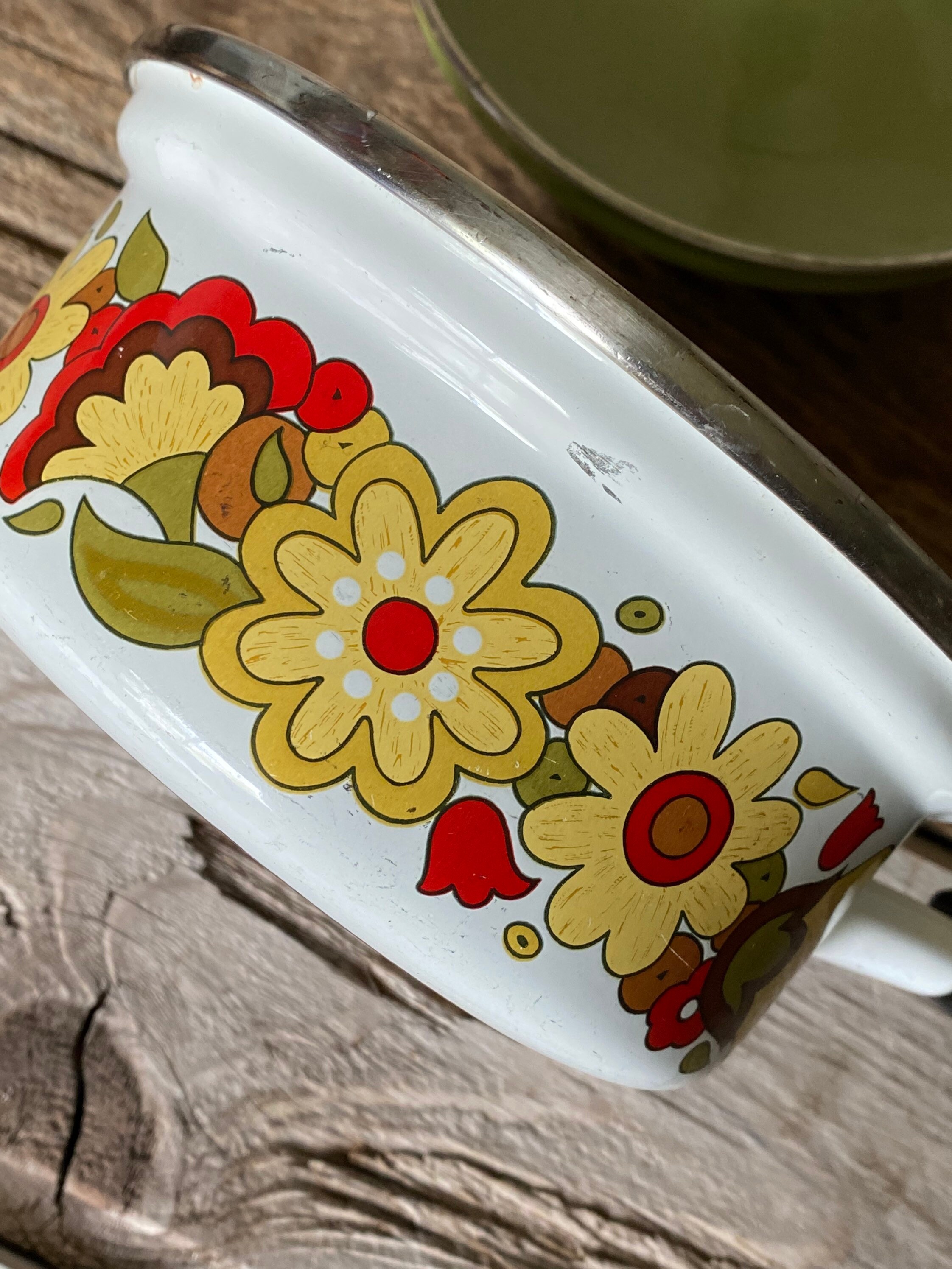 Vintage Saucepan / Retro Floral Pot / Enamelware Pan / 1970s Yellow ...