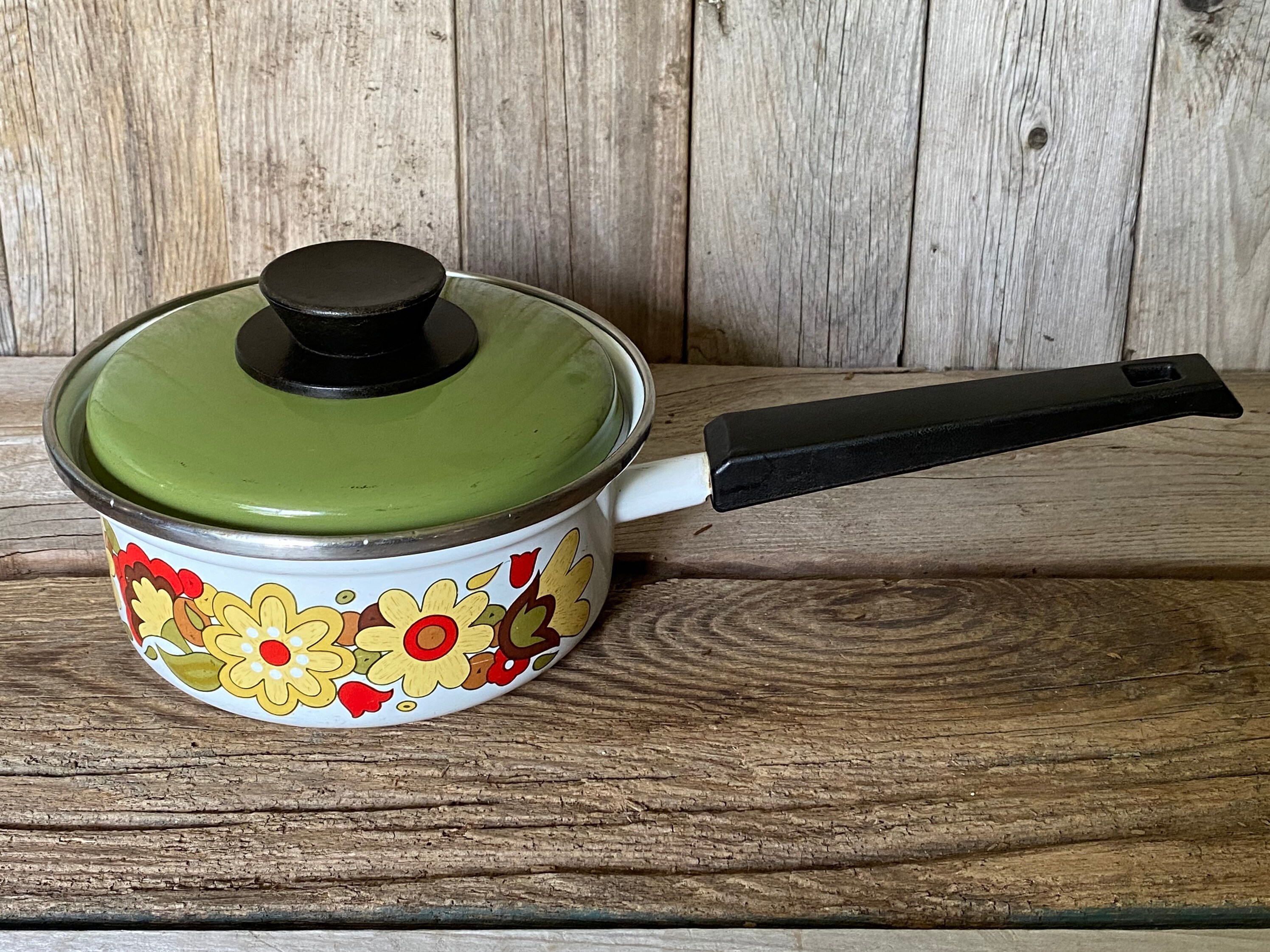 Vintage Saucepan / Retro Floral Pot / Enamelware Pan / 1970s Yellow ...