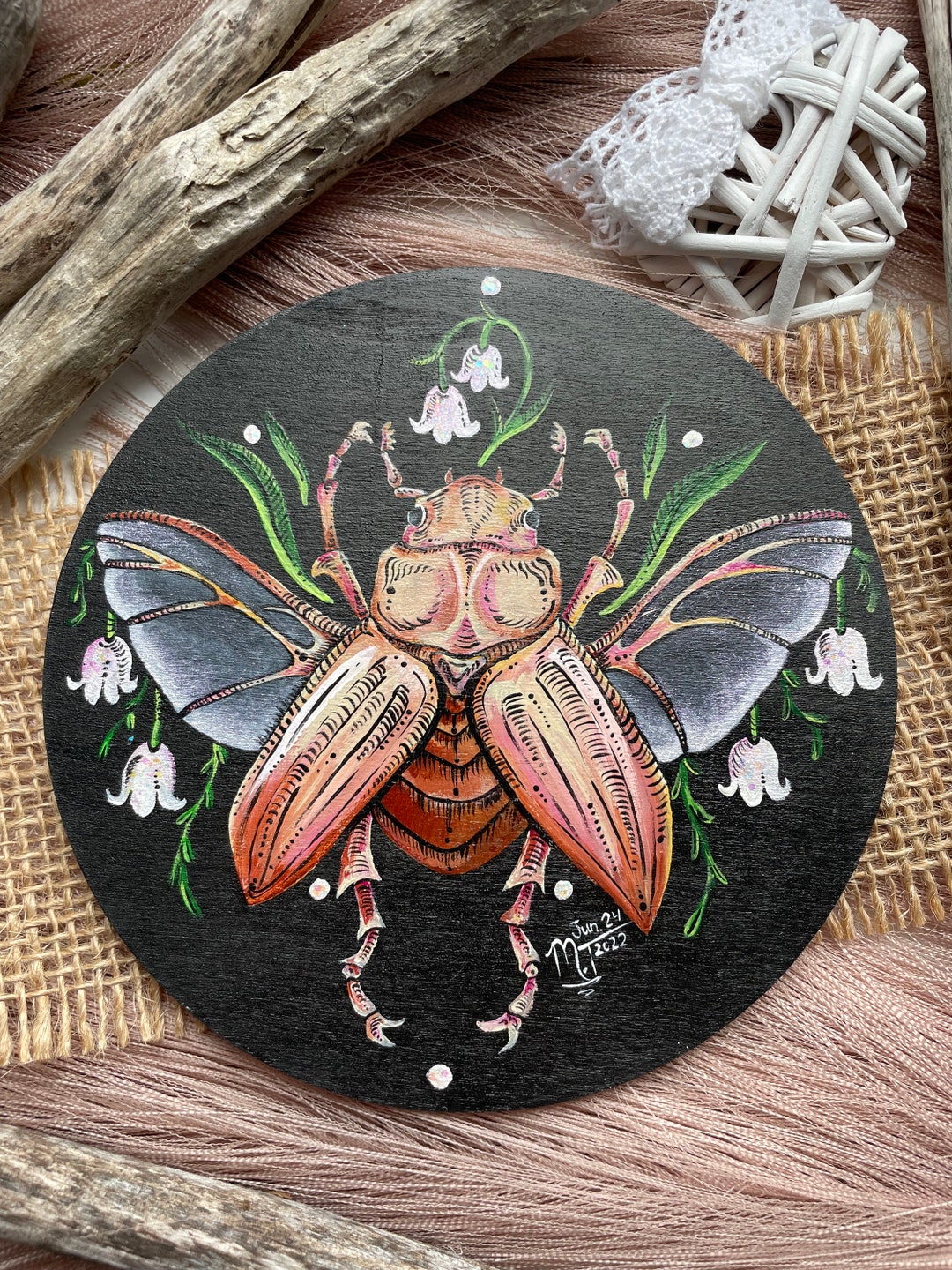 Wood Round Insects and Plants Original Paintings 5 Bug Art Bugs ...