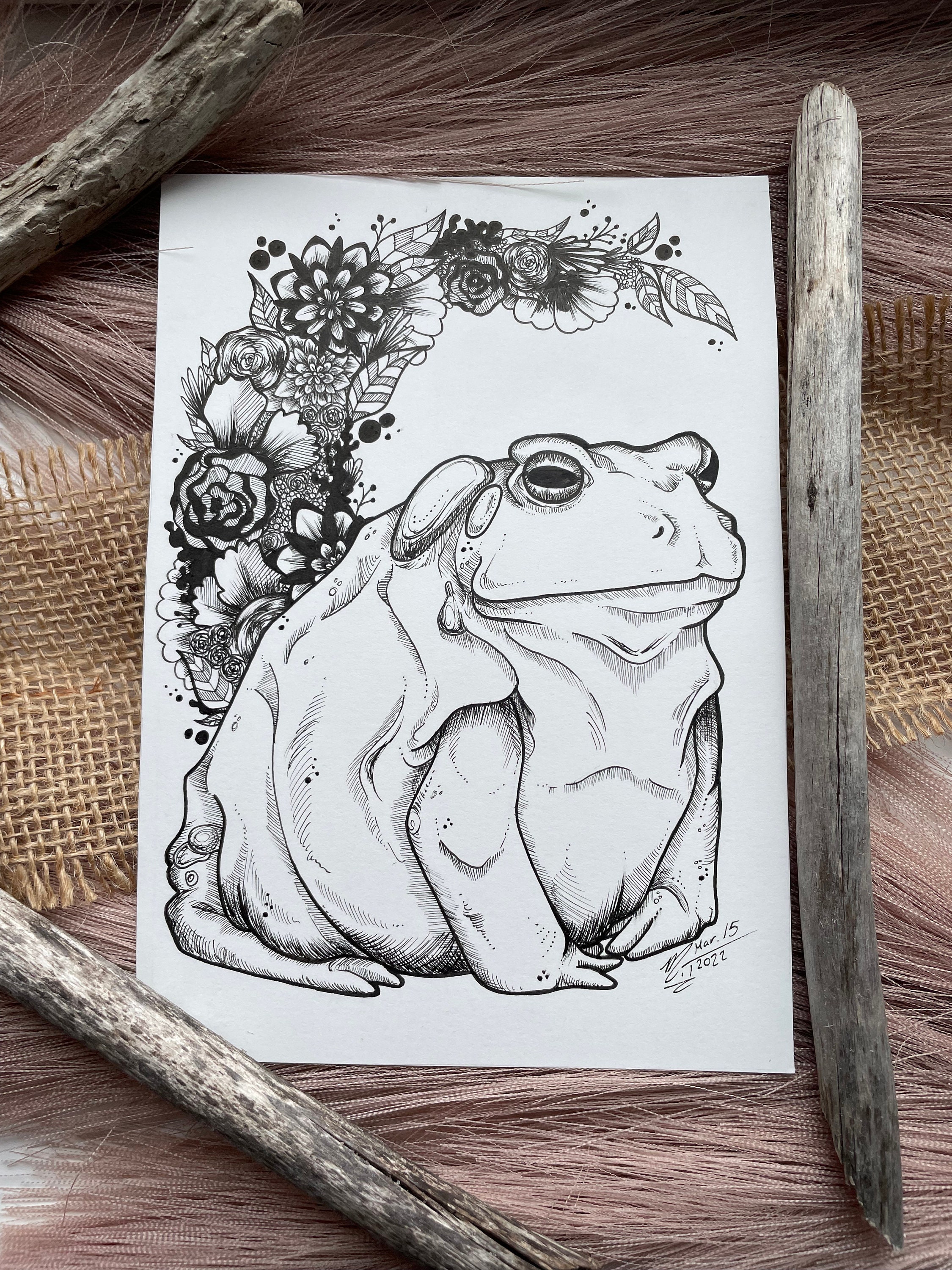 Frog and Toad Original Drawings Black and White Ink Cute Flowers ...