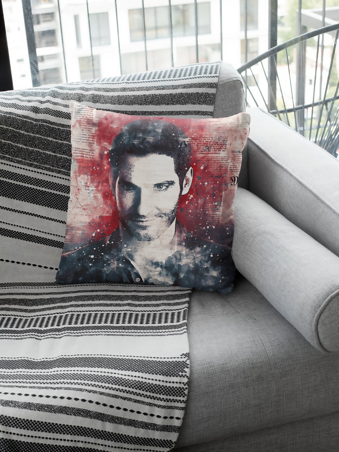 Vintage Pillow COVER Lucifer Morningstar Tom Ellis Fan Art Watercolor ...