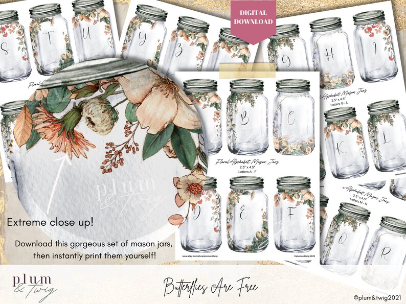 Floral Alphabet Mason Jar Printable Mixed Media Art - Etsy