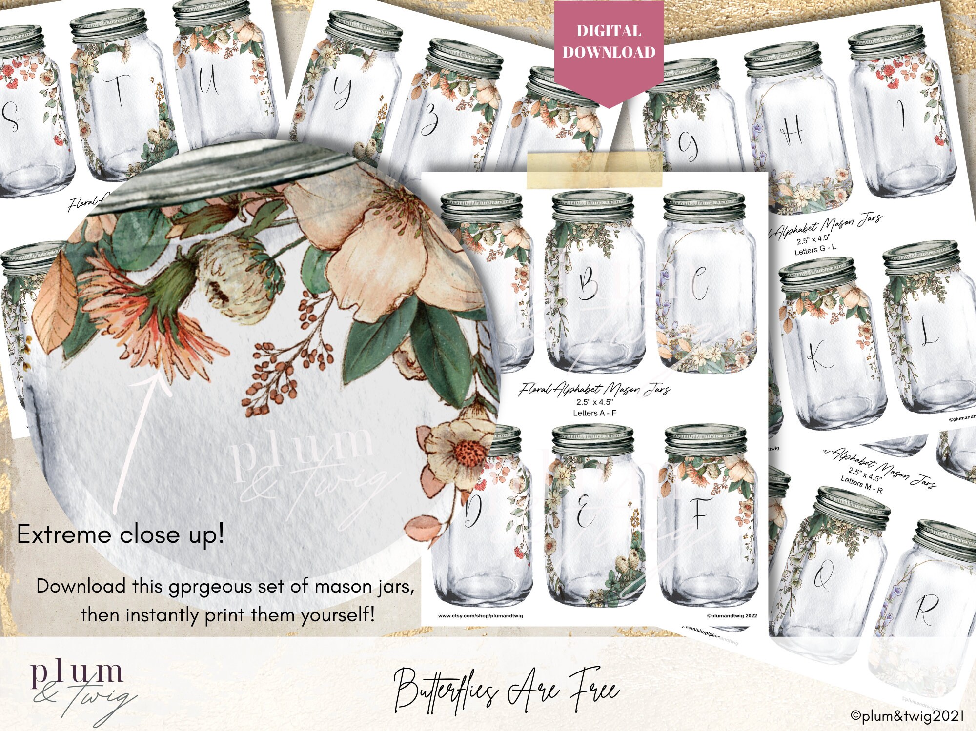 Floral Alphabet Mason Jar Printable Mixed Media Art - Etsy
