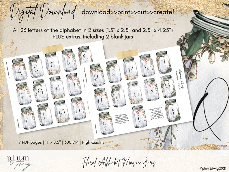 Floral Alphabet Mason Jar Printable Mixed Media Art - Etsy