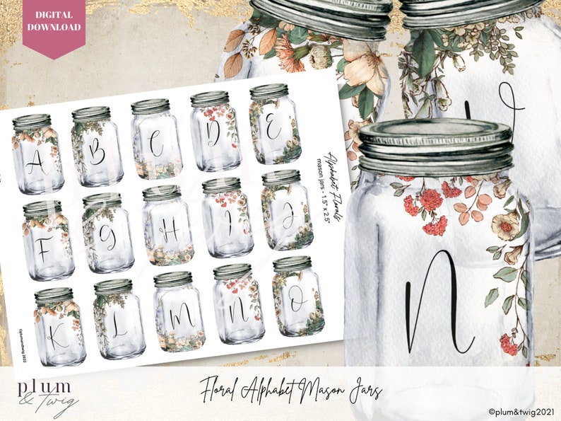 Floral Alphabet Mason Jar Printable Mixed Media Art - Etsy