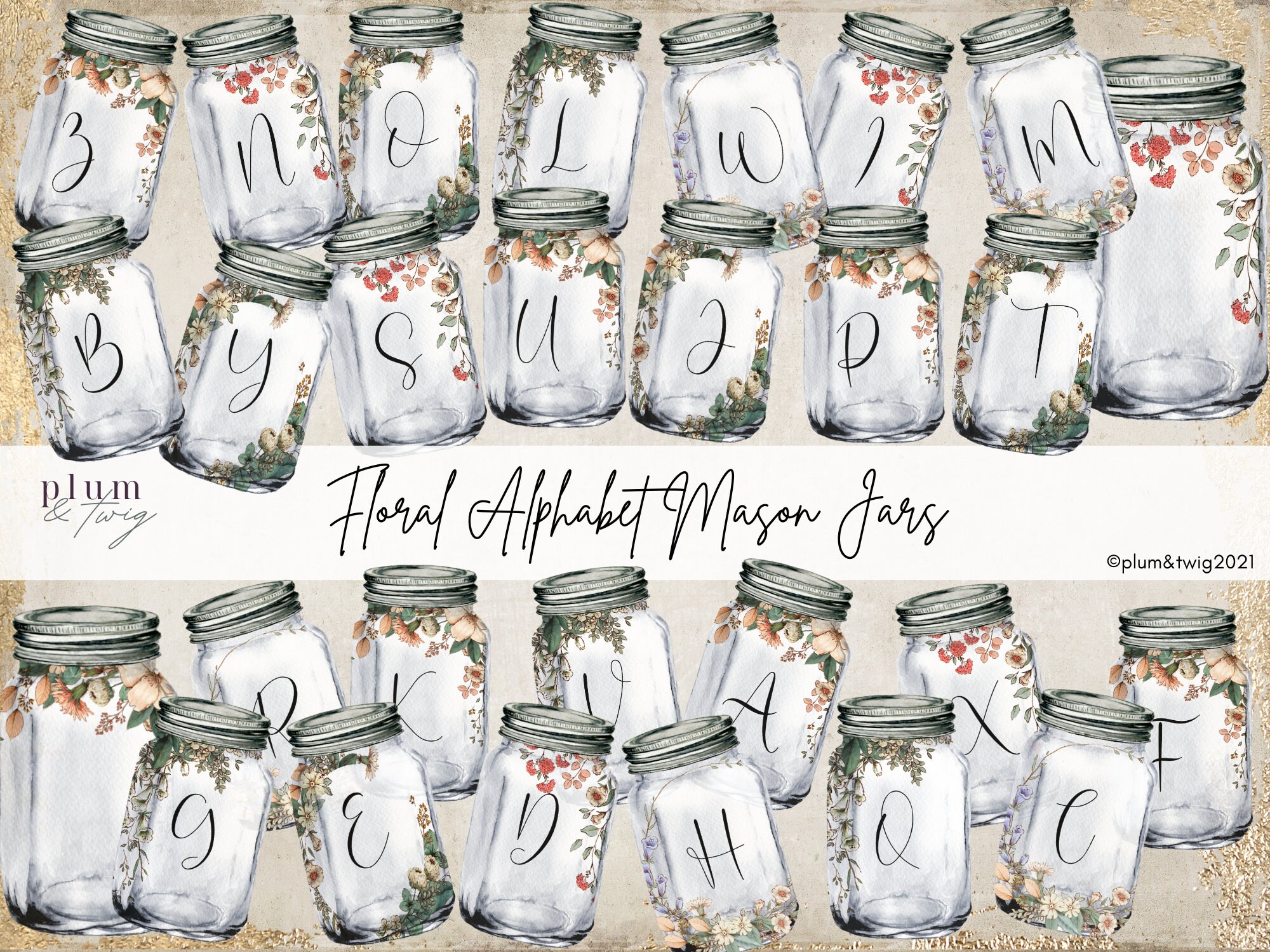 Floral Alphabet Mason Jar Printable Mixed Media Art - Etsy