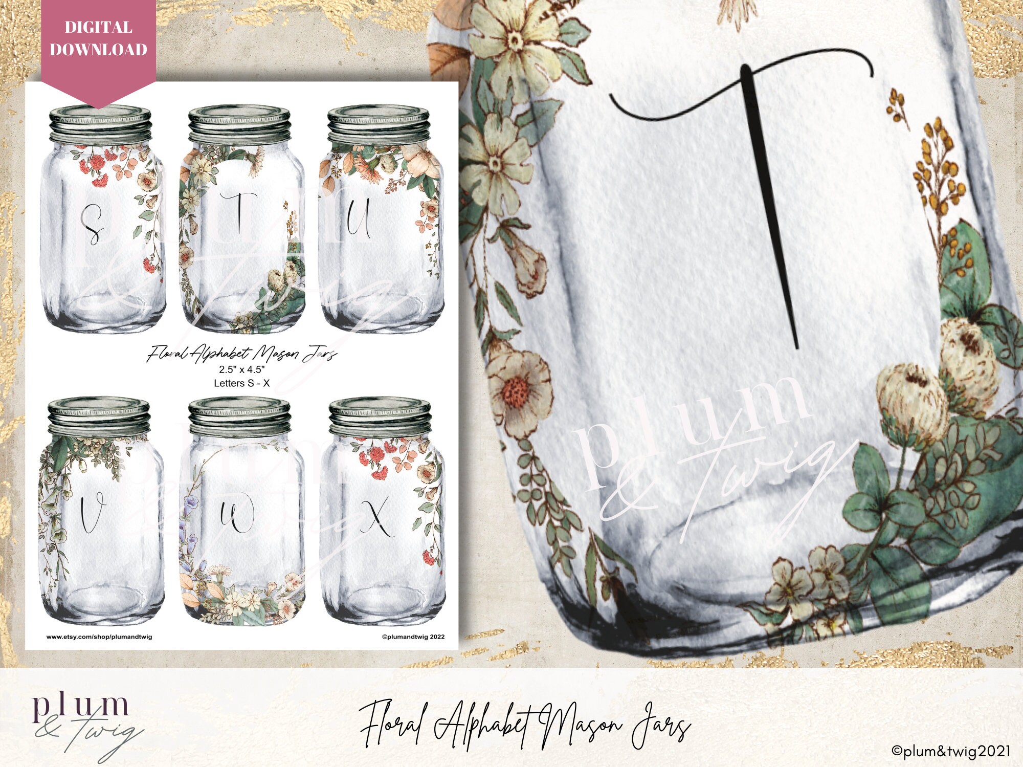 Floral Alphabet Mason Jar Printable Mixed Media Art - Etsy