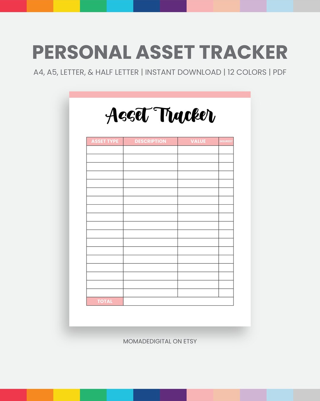 Printable Asset Tracker | Instant Download PDF | A4, US Letter, 1/2 ...