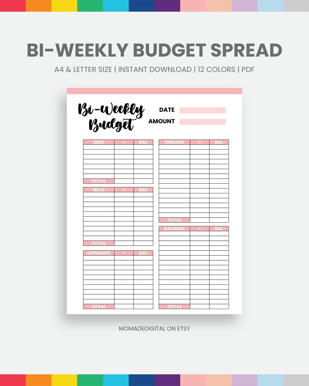 Printable Bi-weekly Budget Printable Colorful Financial Budget Planner ...