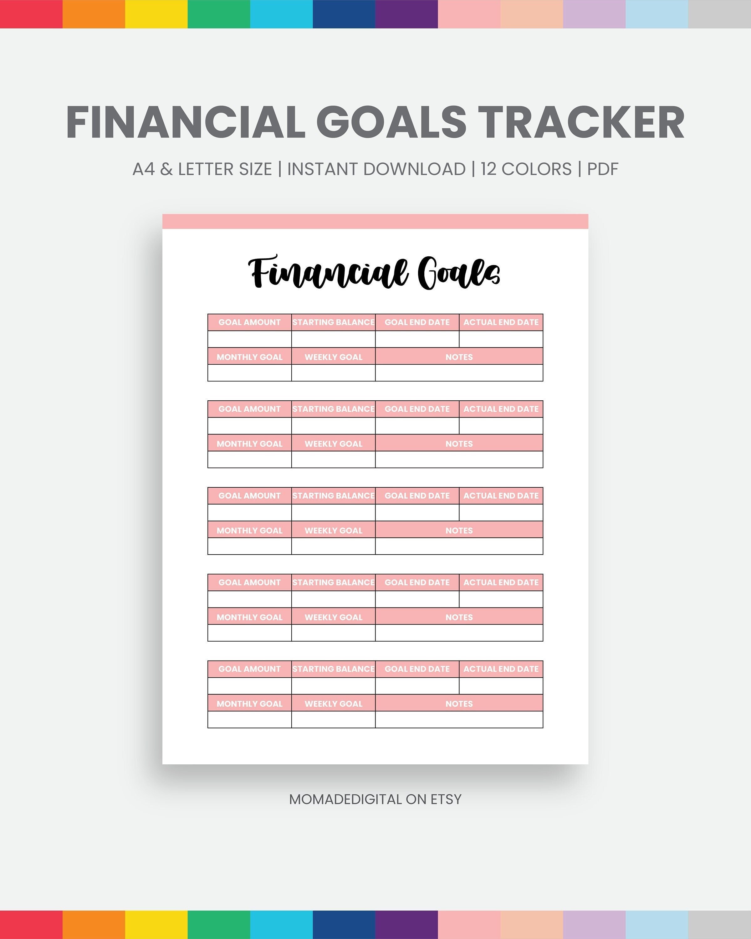 Printable Financial Goals Colorful Financial Budget Planner System Cash ...