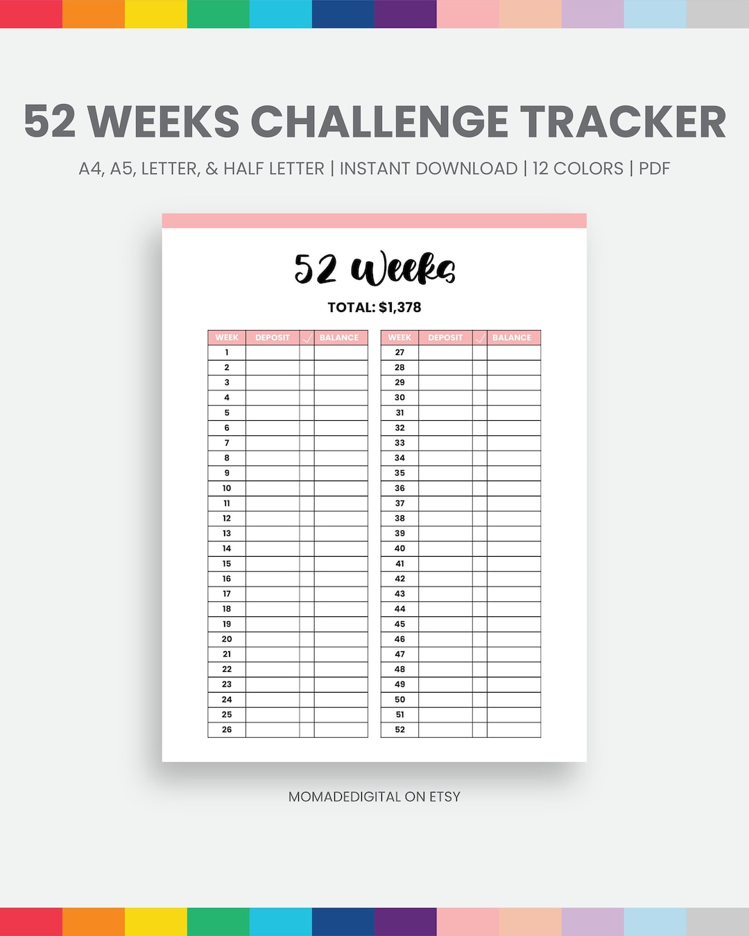 Printable 52 Weeks Challenge Printable Colorful Financial Budget ...