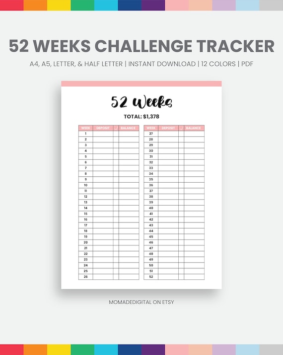 Printable 52 Weeks Challenge Printable Colorful Financial | Etsy