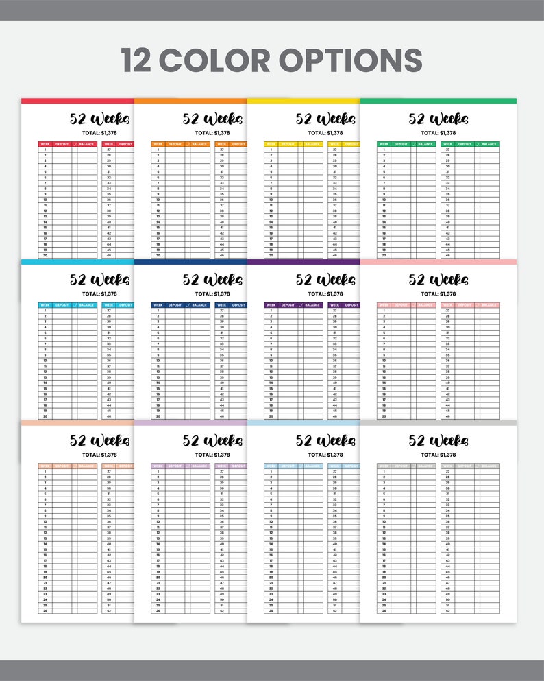 Printable 52 Weeks Challenge Printable Colorful Financial Budget ...