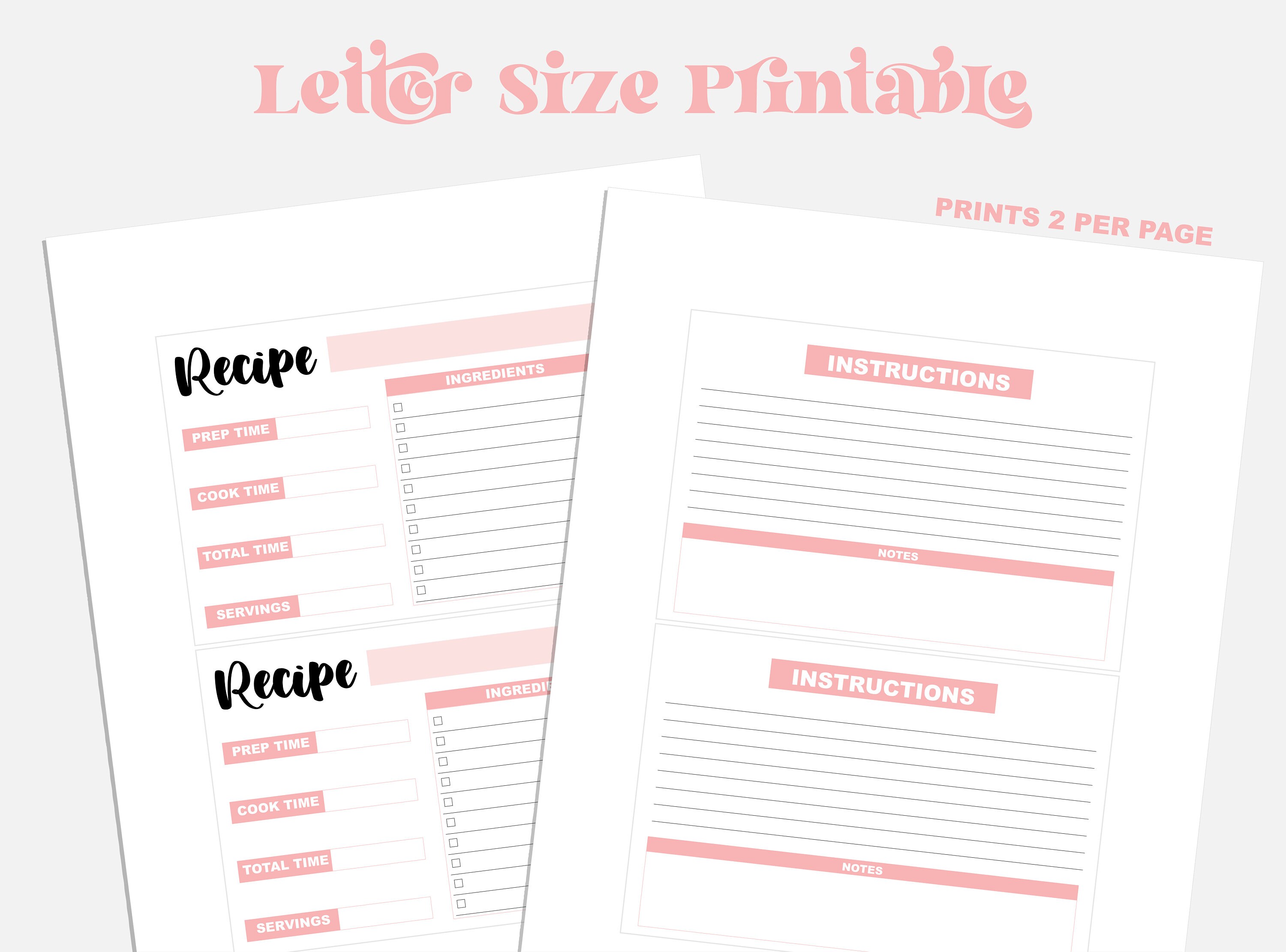 Recipe Card Printable | Index Card Size | Printable PDF | Letter Size ...