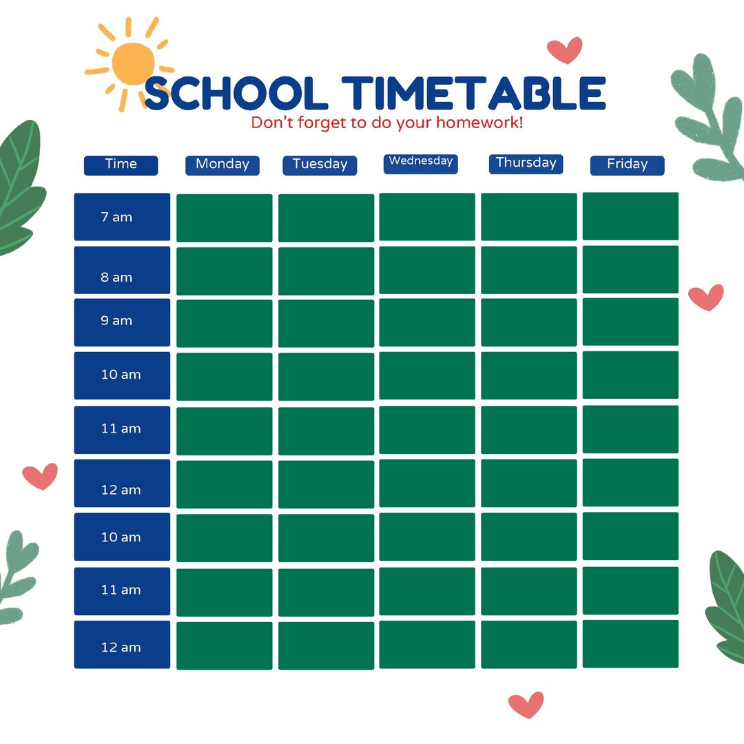 Blue Green Cute School Schedule Planner Template Weekly Timetable - Etsy