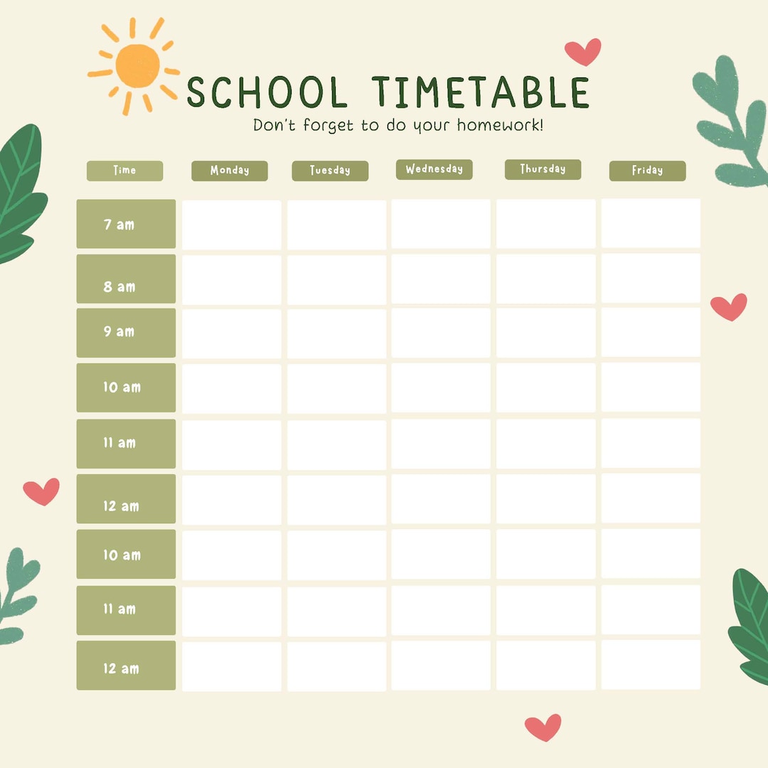 Sage Green Cute School Schedule Planner Template Weekly Timetable - Etsy