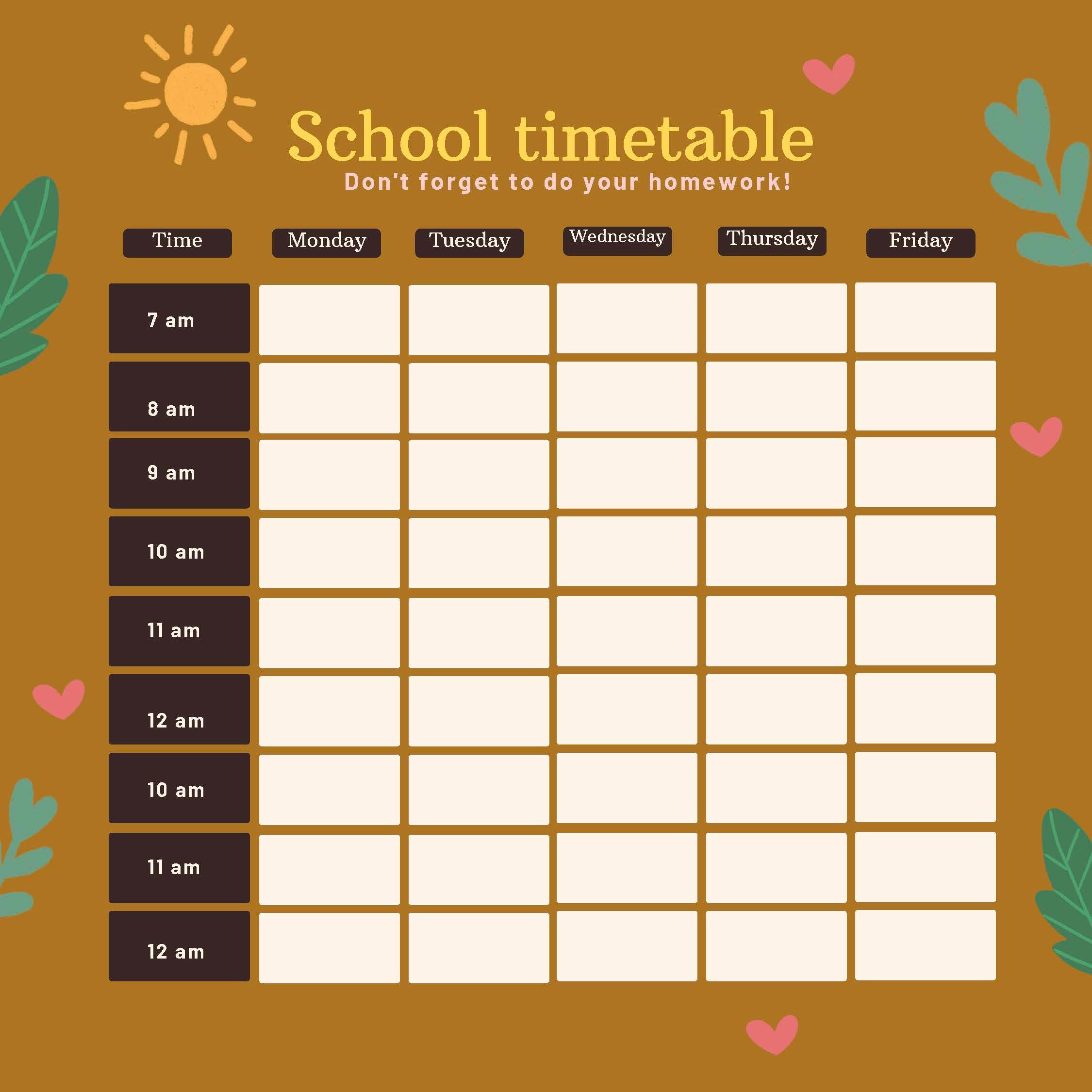 Brown Cute School Schedule Planner Template Weekly Timetable - Etsy