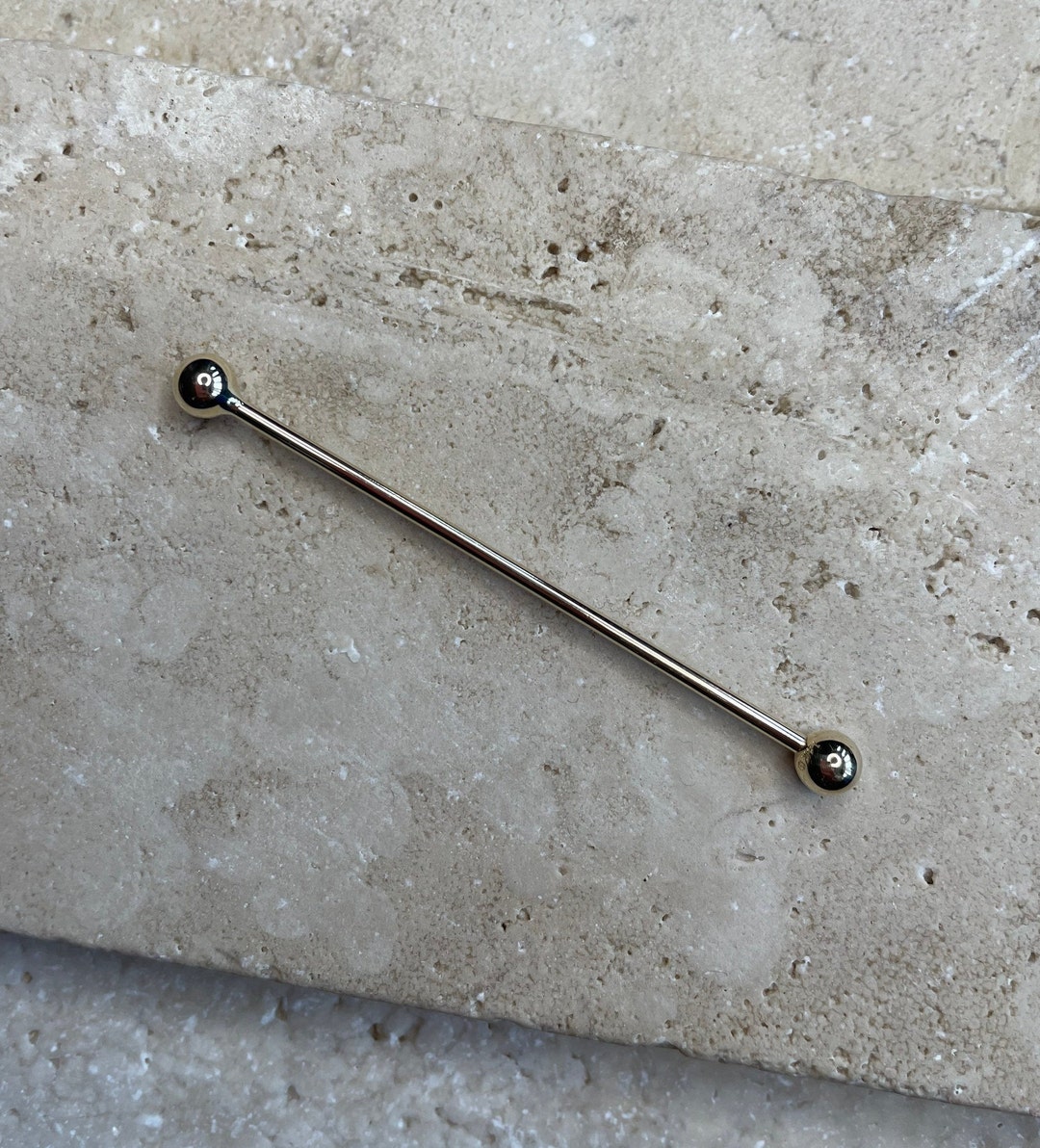 14K Solid Gold Straight Industrial Barbell, 16g, 50mm Length, 5mm Balls ...