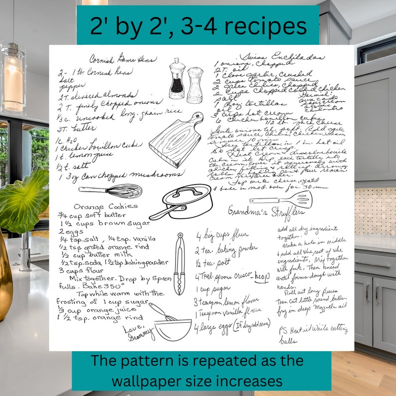Handwritten Recipe Wallpaper: Custom Peel and Stick Kitchen Mural - Etsy
