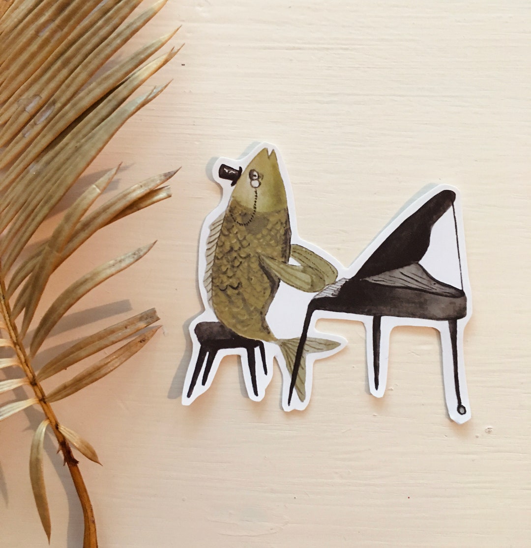 Watercolor Fish Playing the Piano. Funny Piano Stickers. Musical Animal ...