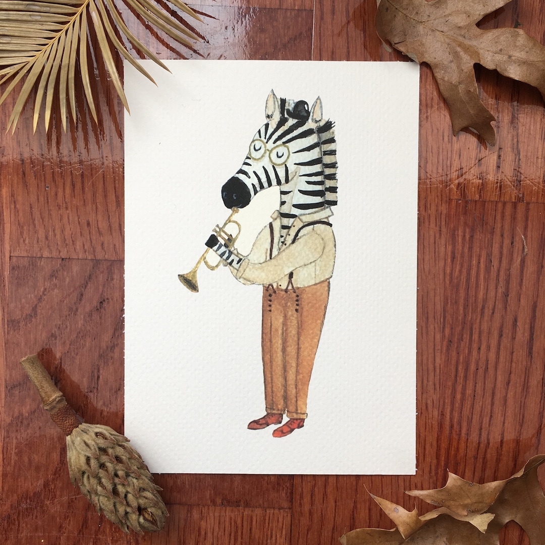 Trumpet Playing Animal Zebra 5”x7” Art Print.cute Watercolor ...