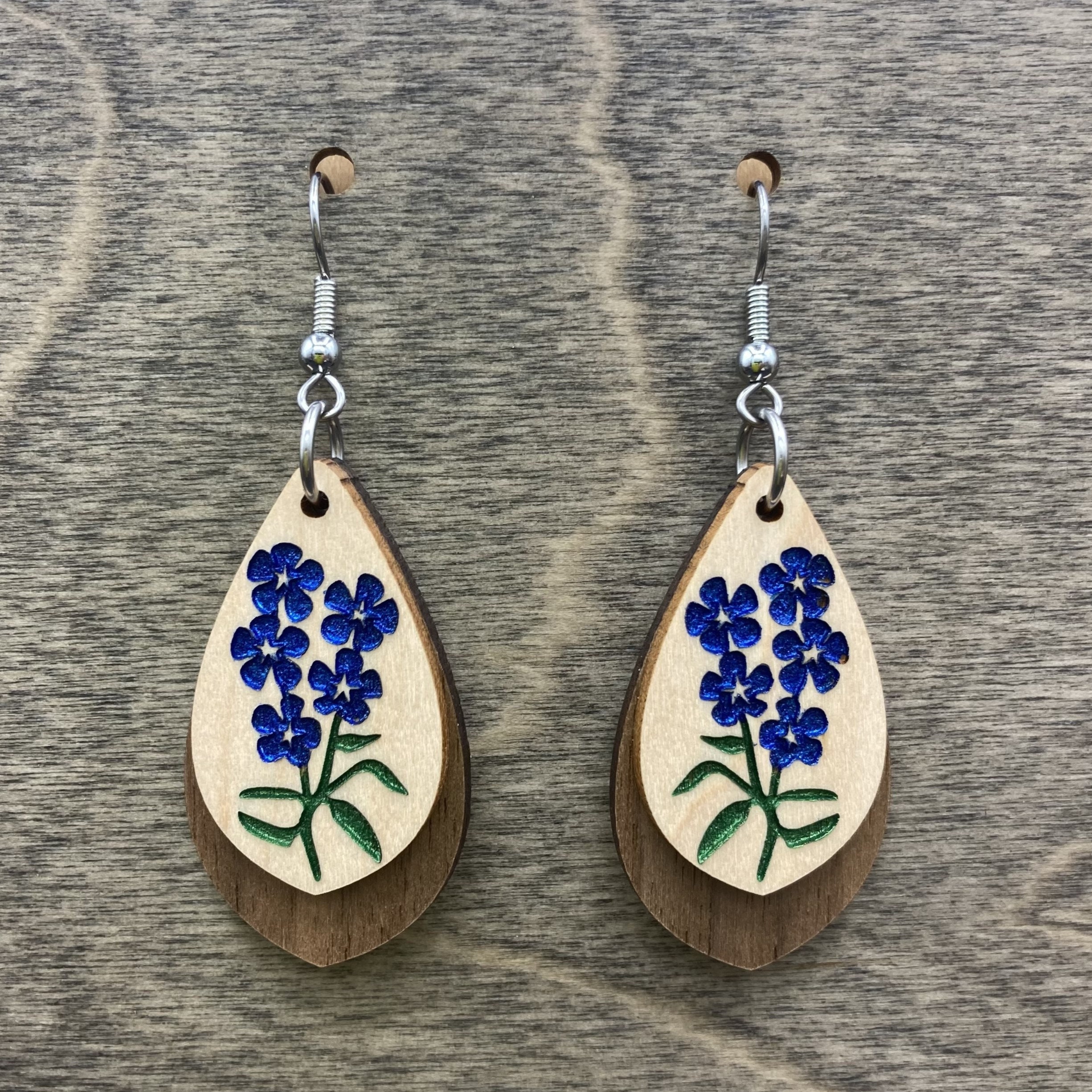 Wooden, Layered, Hand Painted Forget-me-not Earrings - Etsy